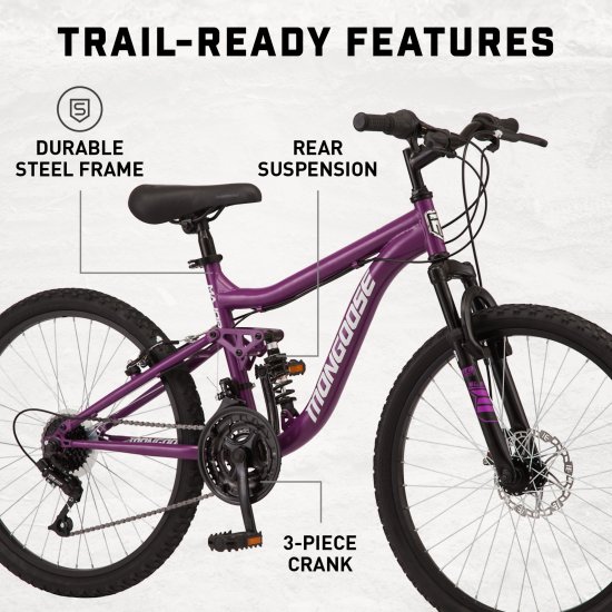 Mongoose Major Mountain Bike, 24-inch wheels, 21 speeds, purple, womens ...